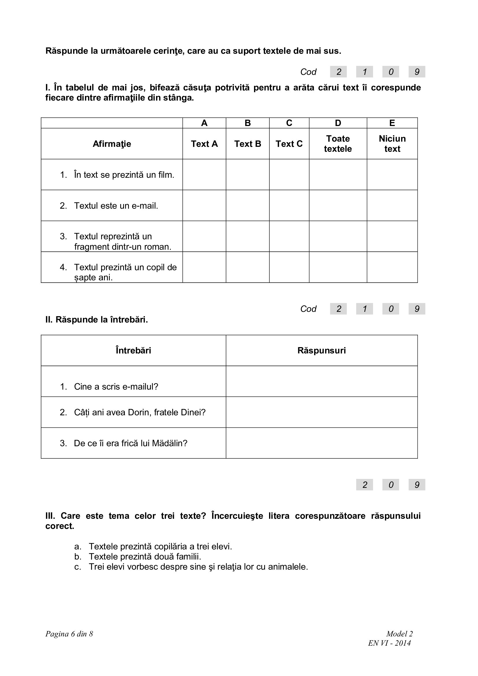 Evaluare Națională clasa a VI-a. Modele de subiecte
